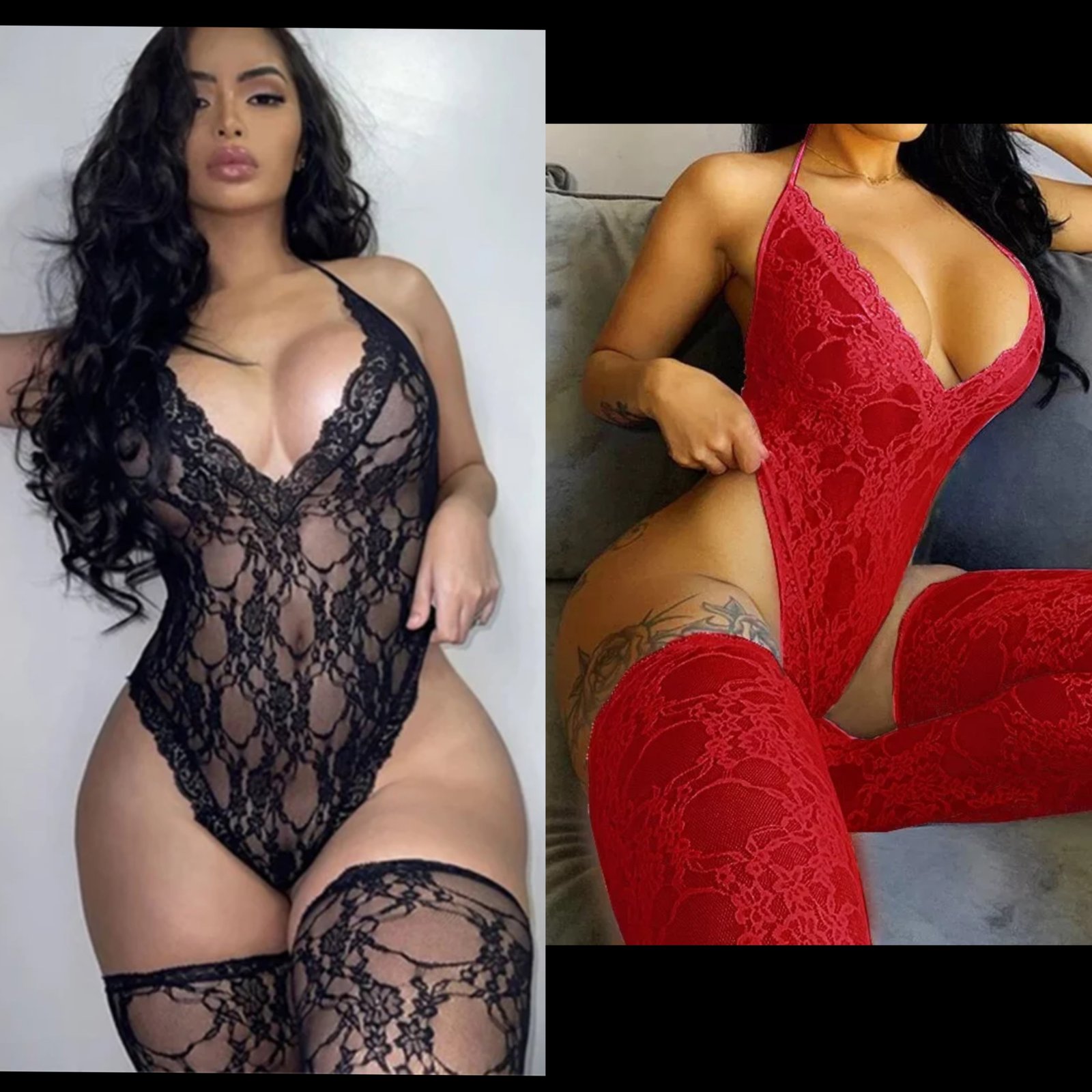 Sexy Lace Deep V Lace Bodysuit With High Socks | FlyLuxChic