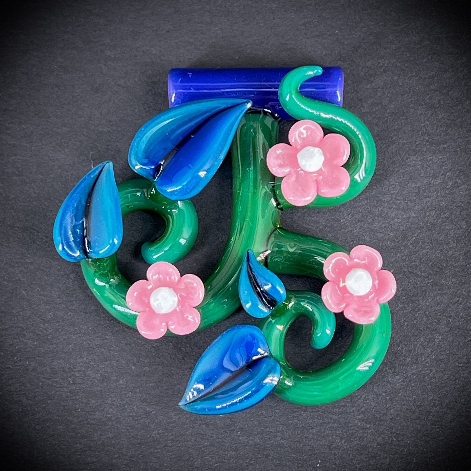 Jupiter Nielsen Glass — 3 Cherry Blossom & Blue Leaf Pendant