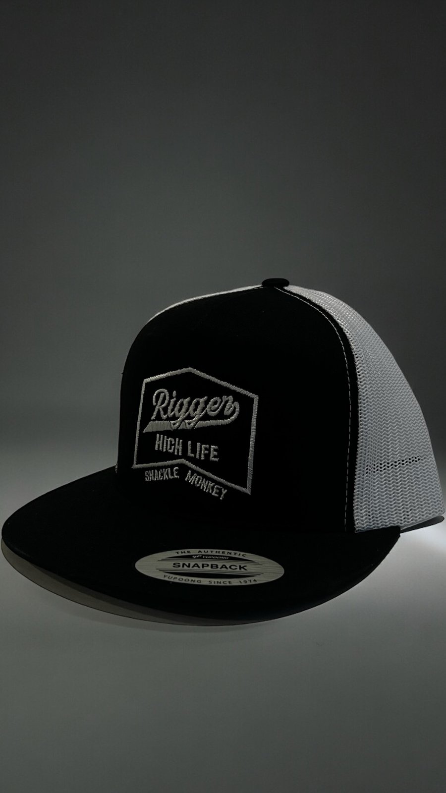 Rigger High Life White And Black Snapback Trucker Hat | shacklemonkey