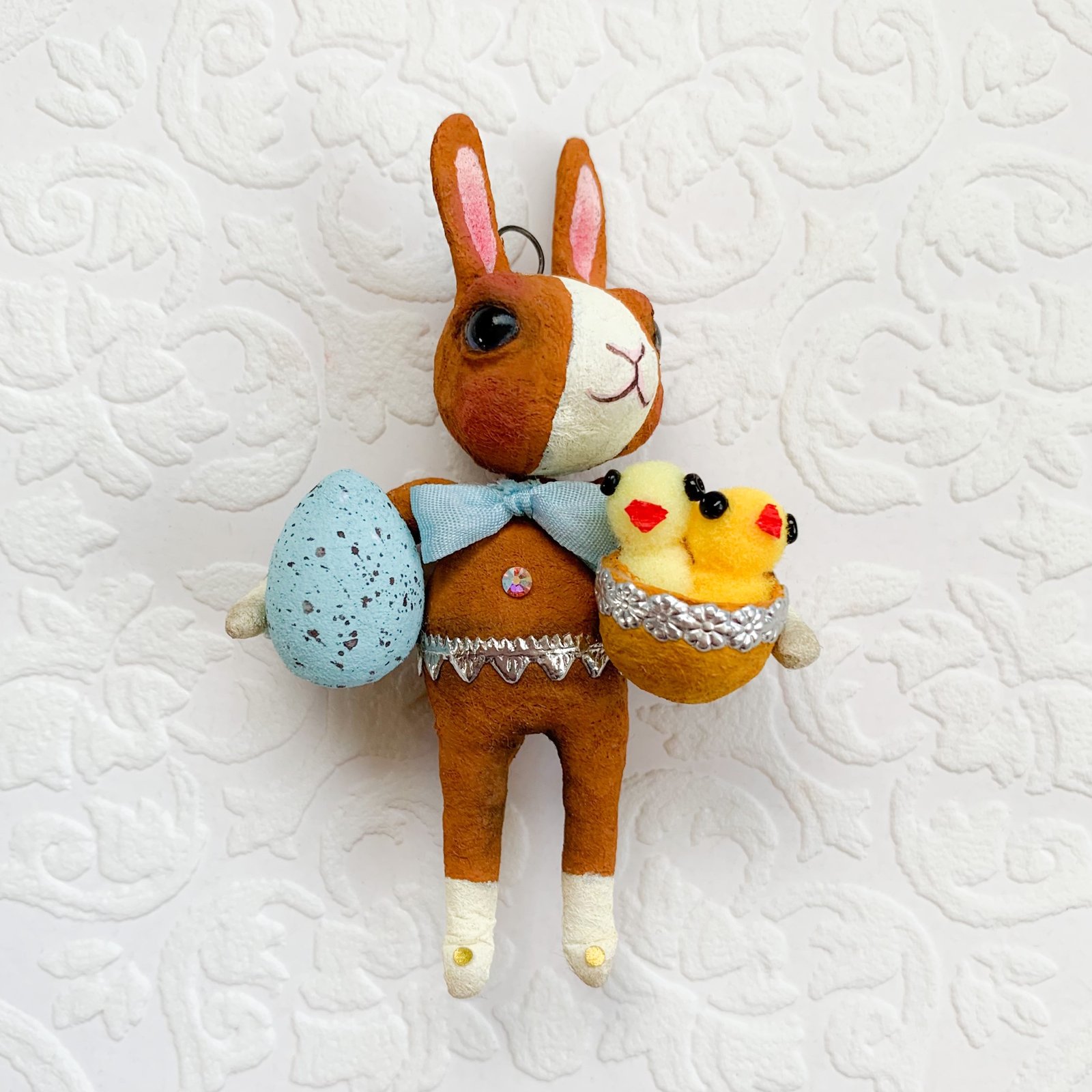 Caramel Dutch Rabbit with Chicks and Egg | Spun Cotton Ornament Co.