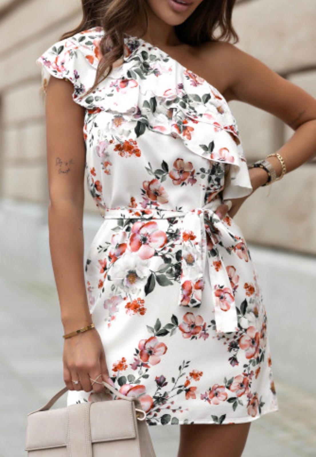 White Floral Ruffled One Shoulder Dress | Eclipse Atelier