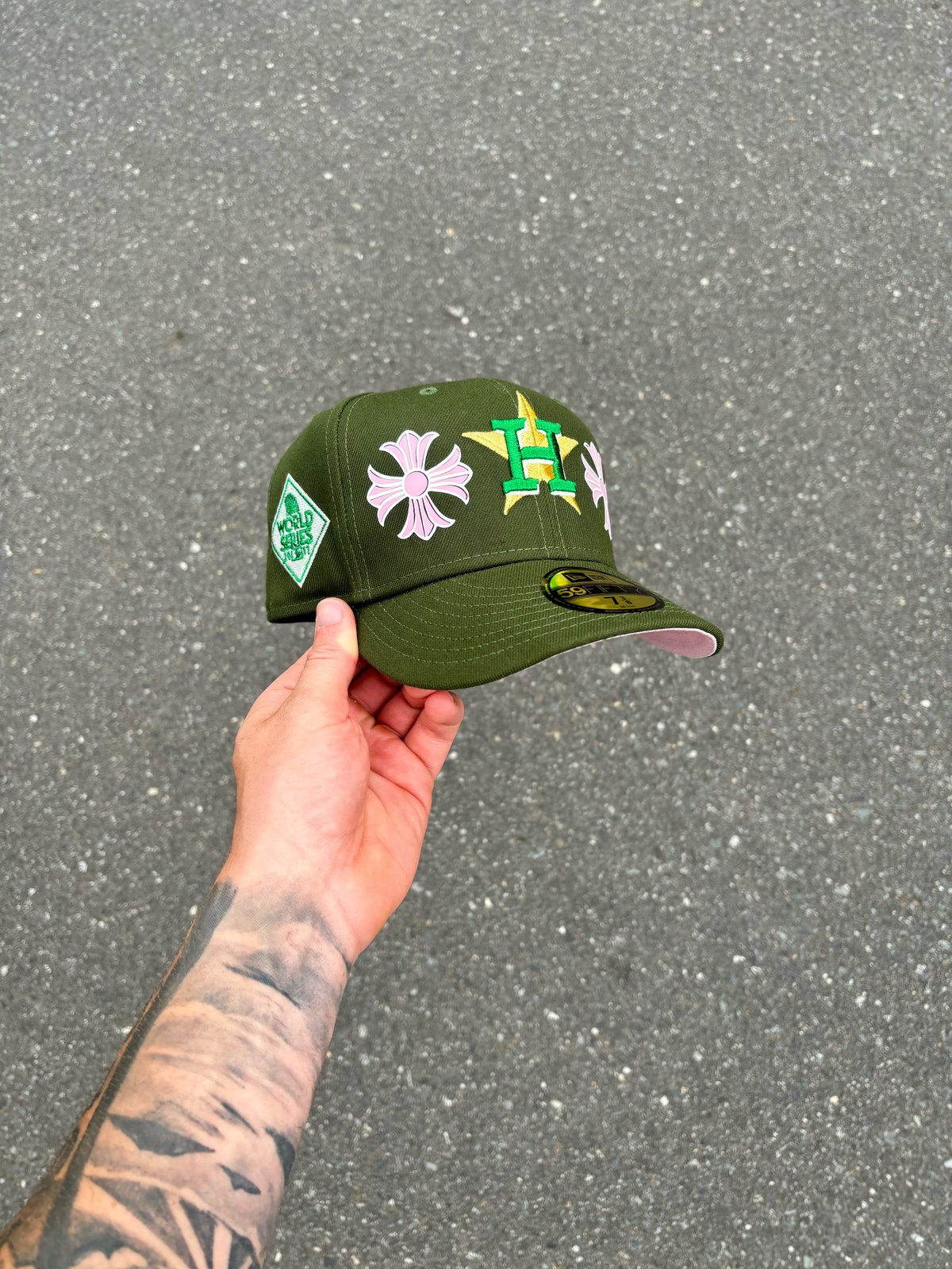 PINK BRIM OLIVE HOUSTON ASTROS CUSTOM FITTED CAP | WORLDWIDE RANK LLC