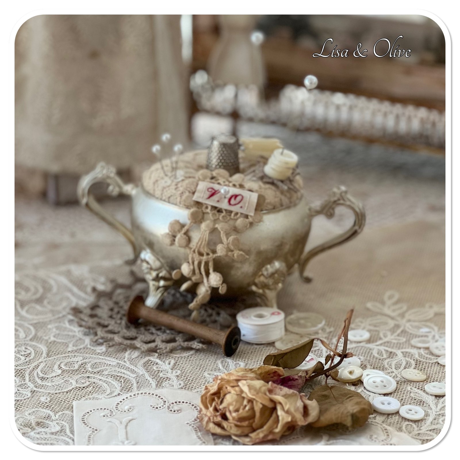 Handmade pin cushion in a vintage silver style sugar bowl | Lisaandolive