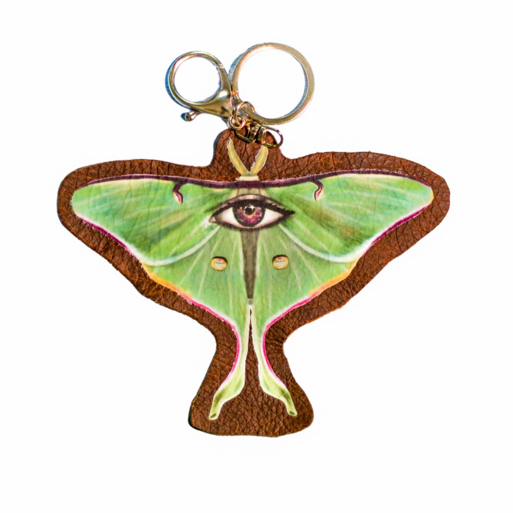 Surreal Luna Moth Keychain – Leather Purse Charm | mirzamaniart