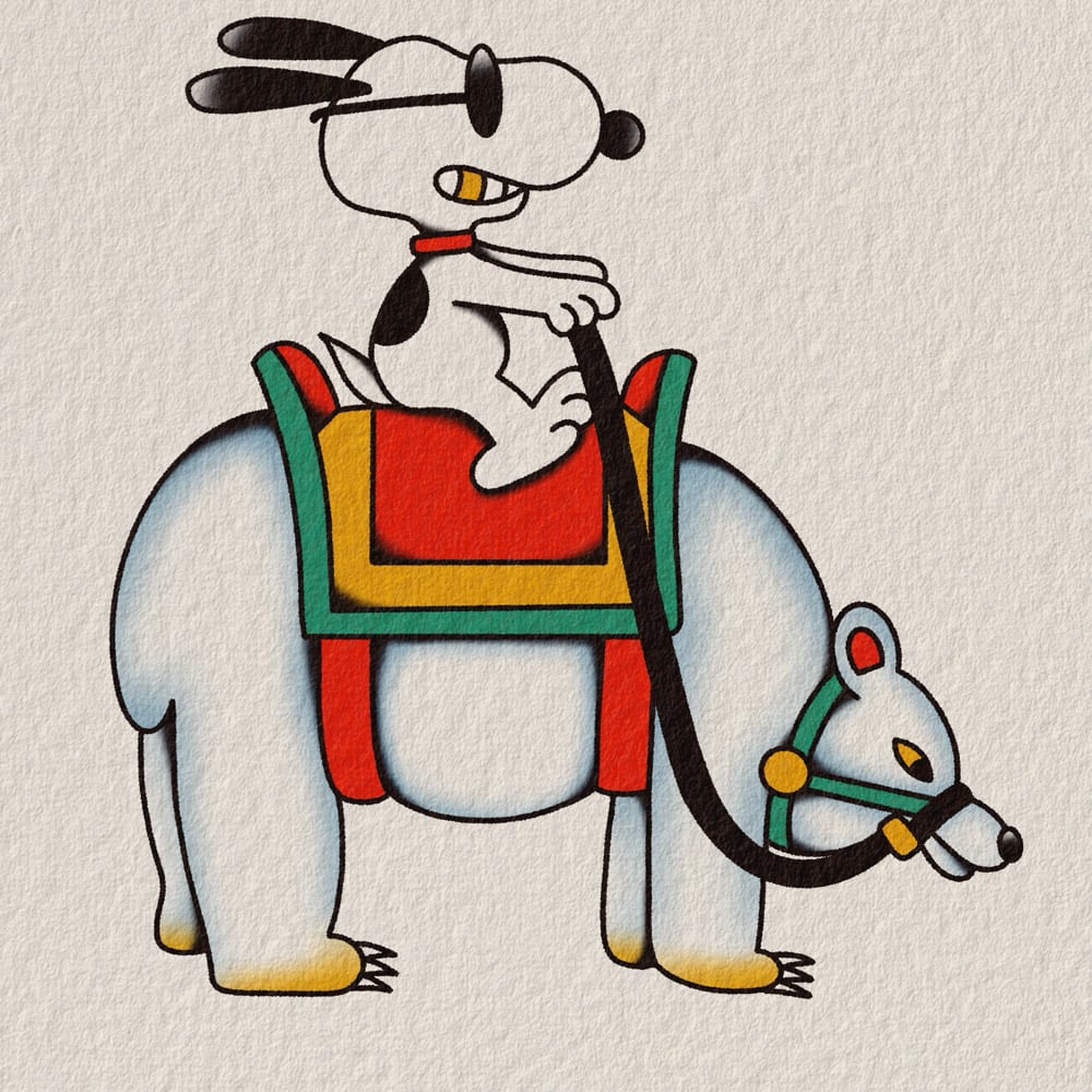 snoopy riding a polar bear | MARKET PLACE STUDIO