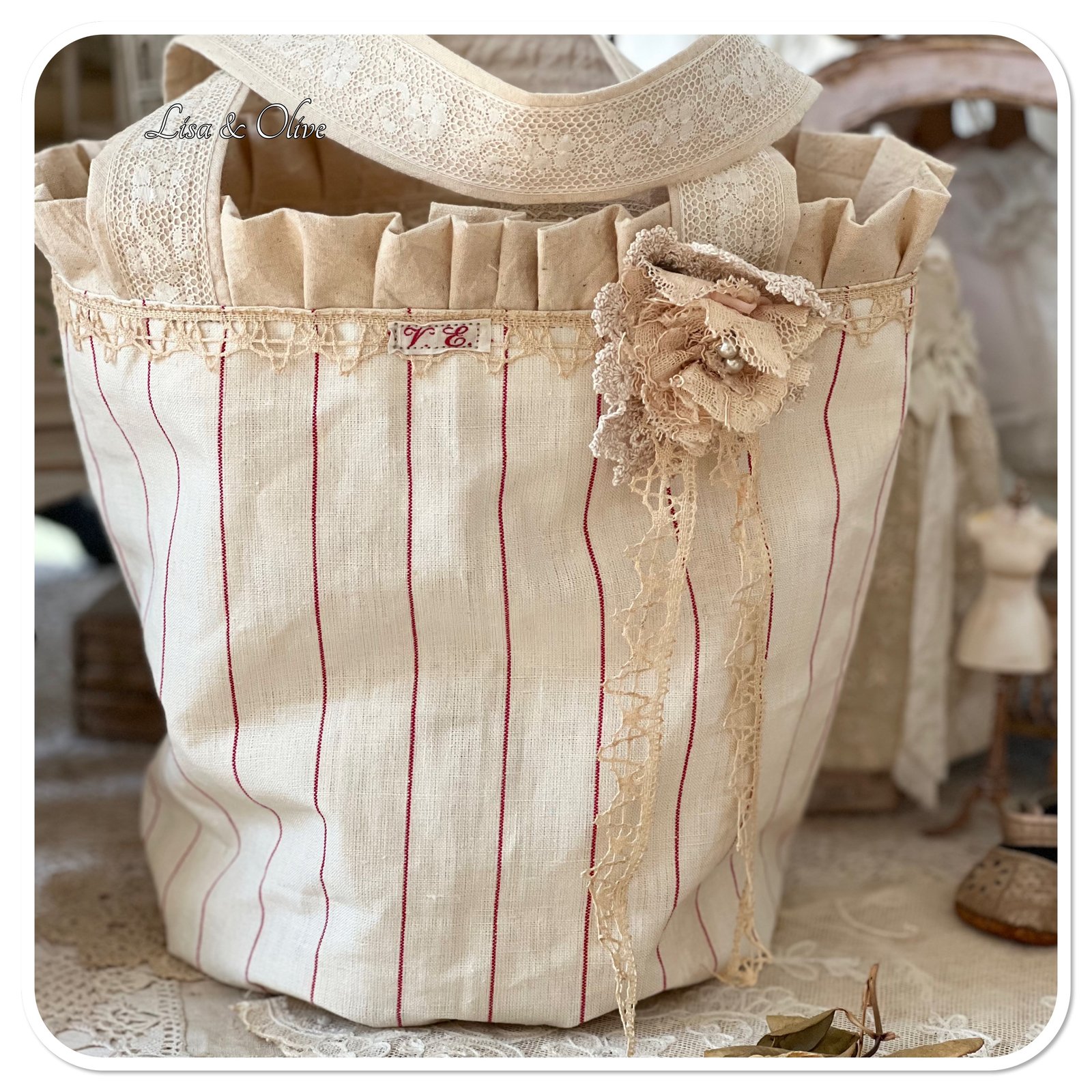 Vintage french Linen red and beige stripe Bucket Tote small market bag ...