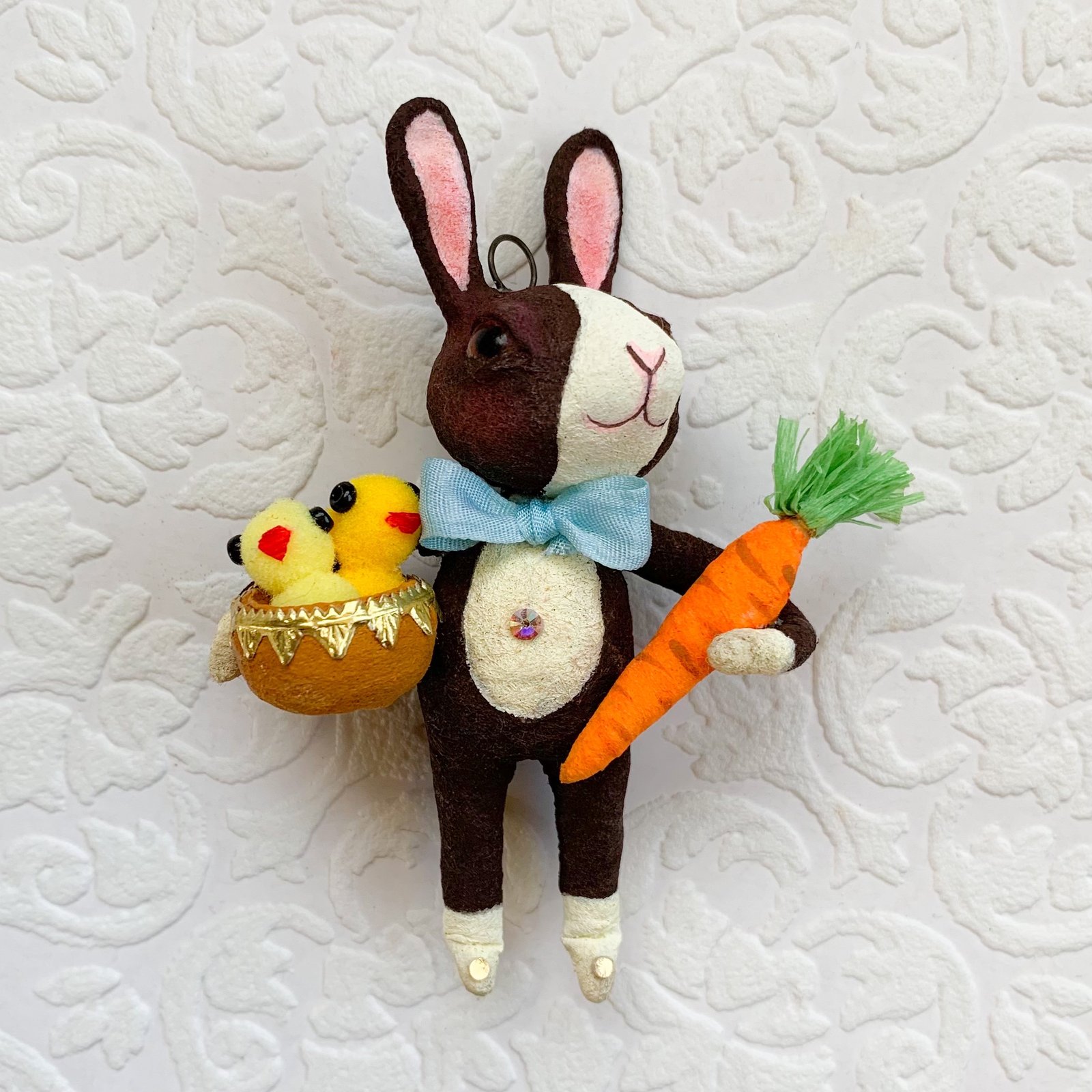Chocolate Dutch Rabbit with Chicks and Carrot | Spun Cotton Ornament Co.