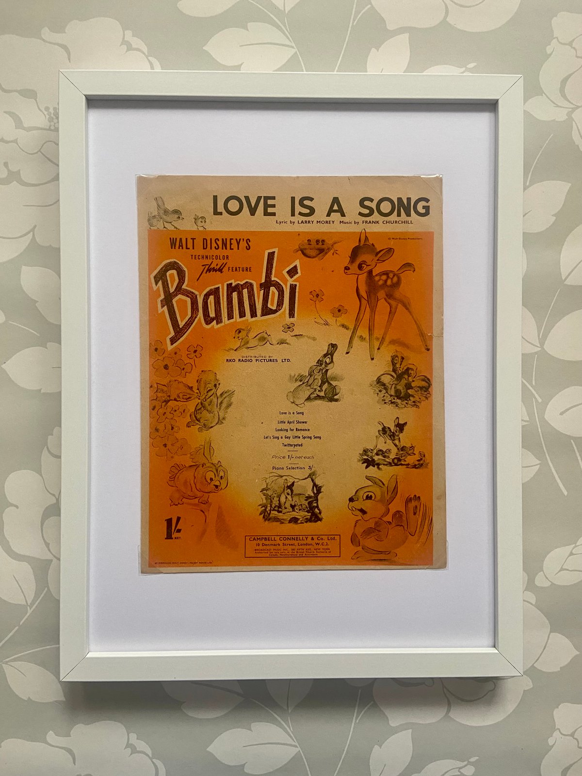 Bambi c1942, framed vintage sheet music of 'Love Is A Song' | Lorna Kyle