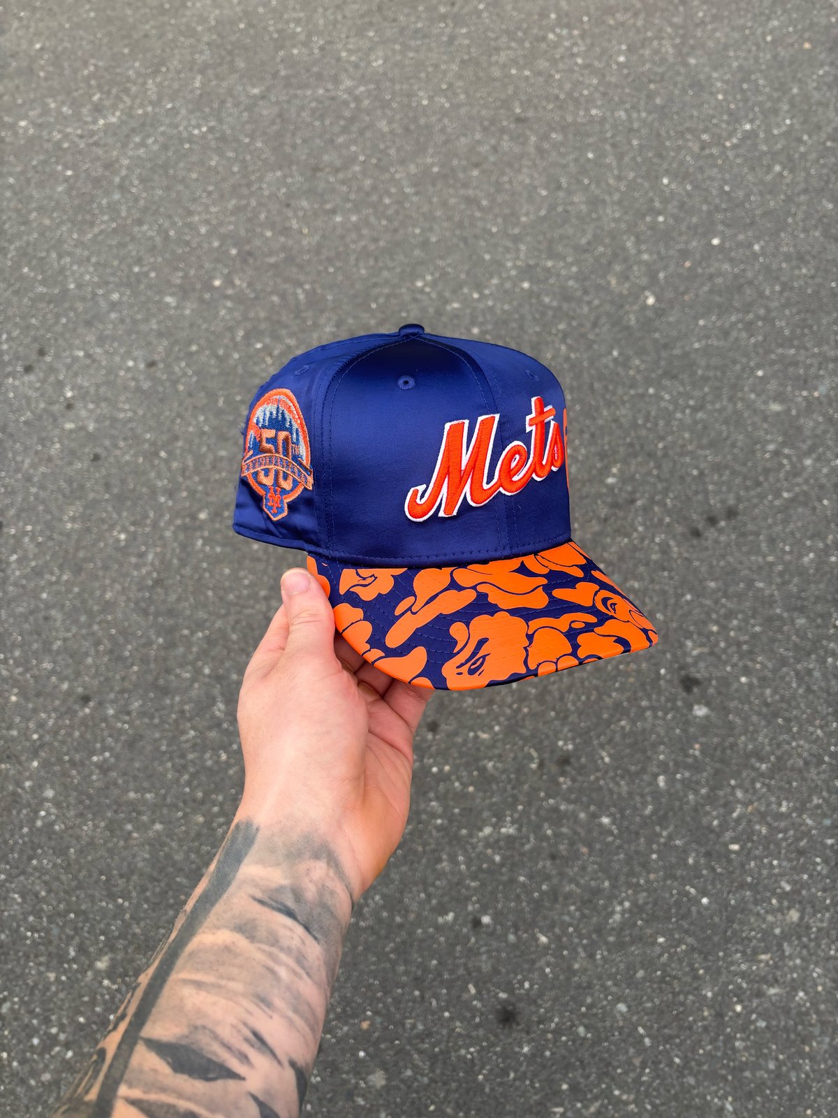 SATIN BLUE ORANGE NEW YORK METS CUSTOM FITTED CAP | WORLDWIDE RANK LLC