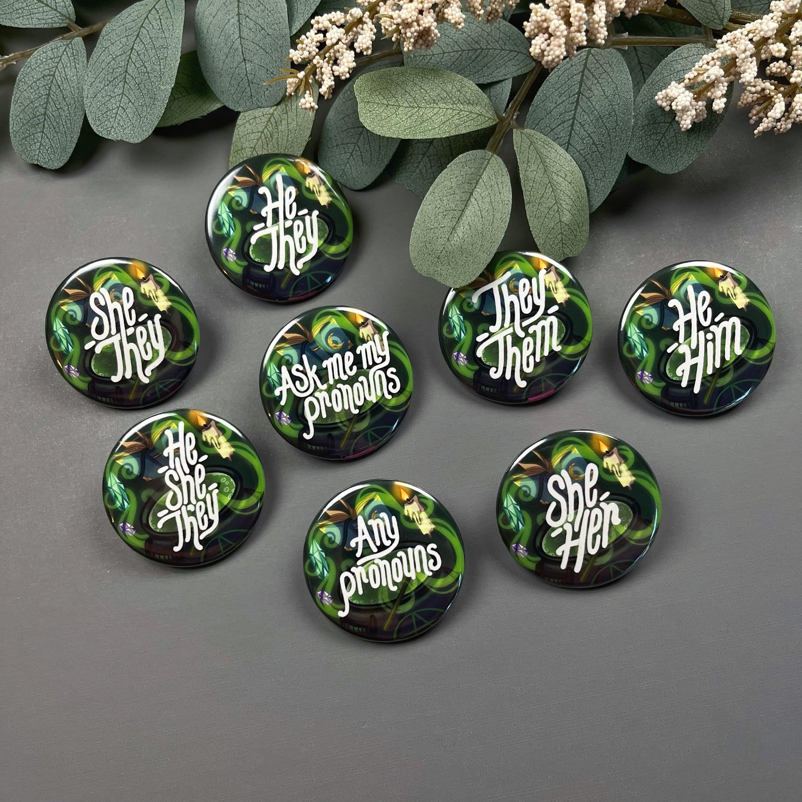 Witchy Pronouns Button / Green Version | Willow & Roxas
