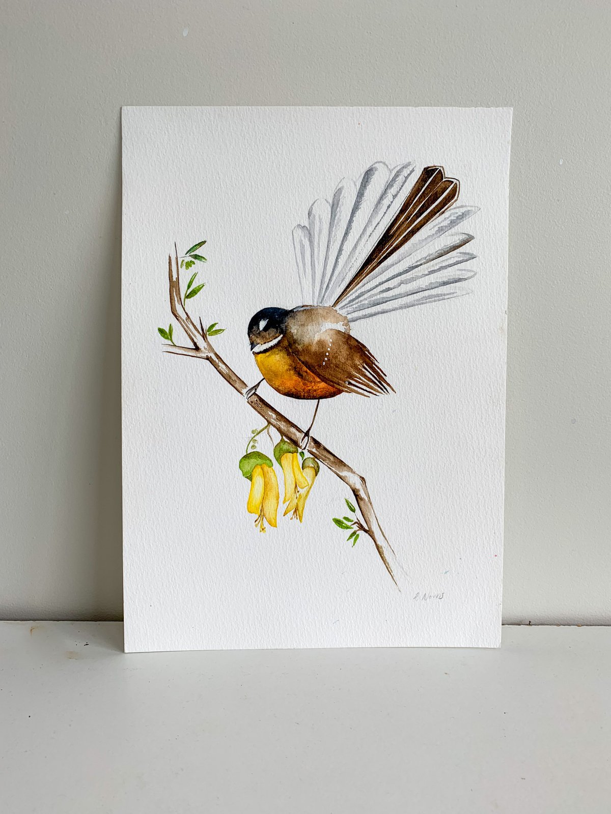 Original painting Fantail on Kowhai | Emmasphere