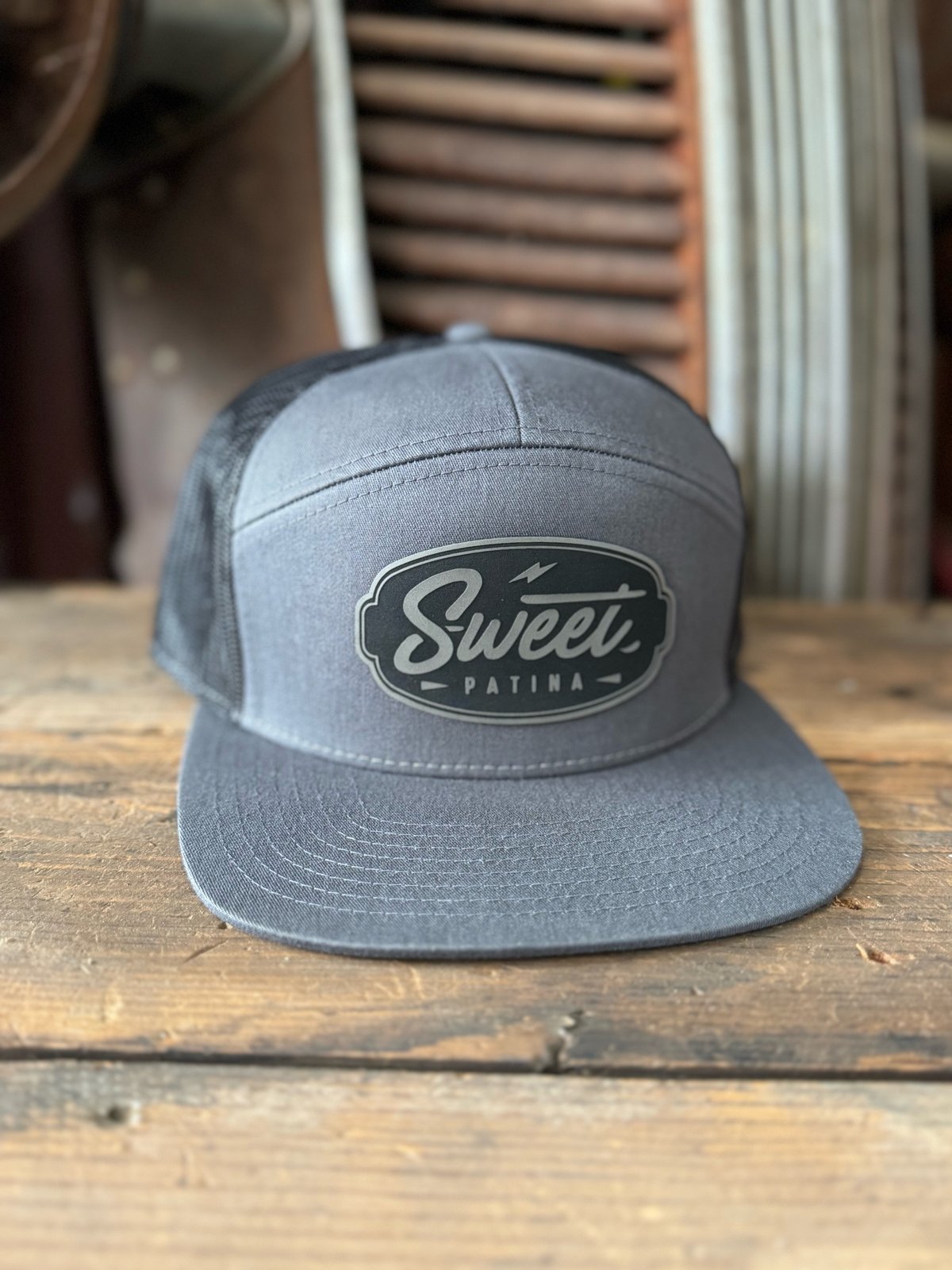 Engraved Gray Leather Patch On Charcoal 7 Panel | Sweet Patina
