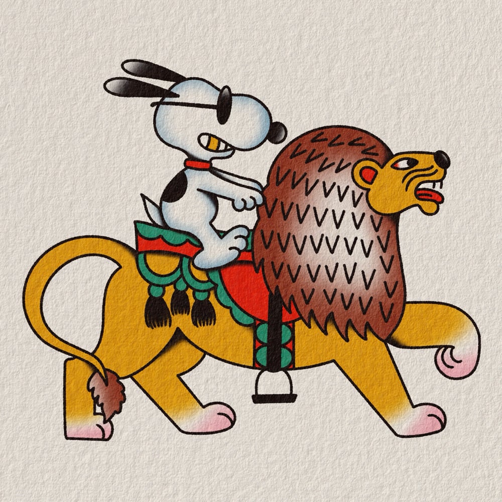 Snoopy riding a lion | MARKET PLACE STUDIO