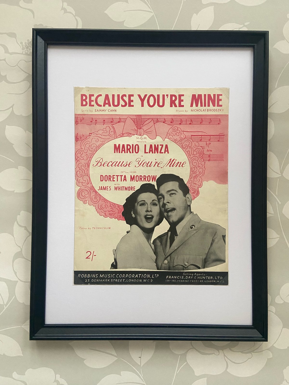 Mario Lanza: Because You're Mine, framed 1950s sheet music | Lorna Kyle