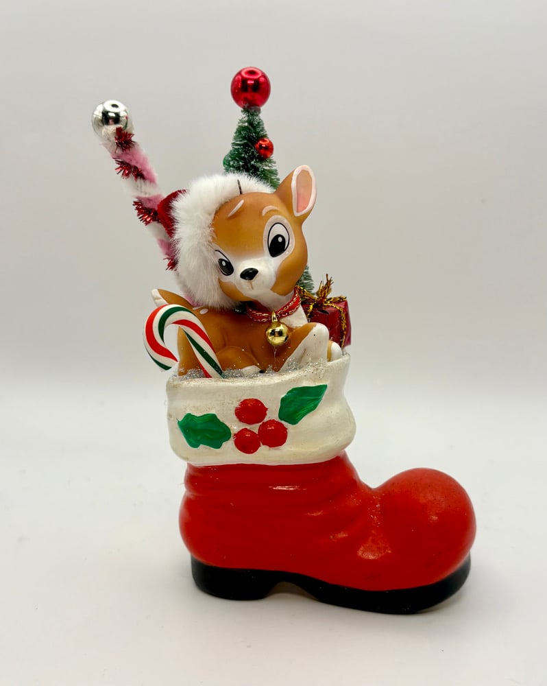 Retro Deer in Festive Boot Tabletop Decor | Joanne Wright Studio