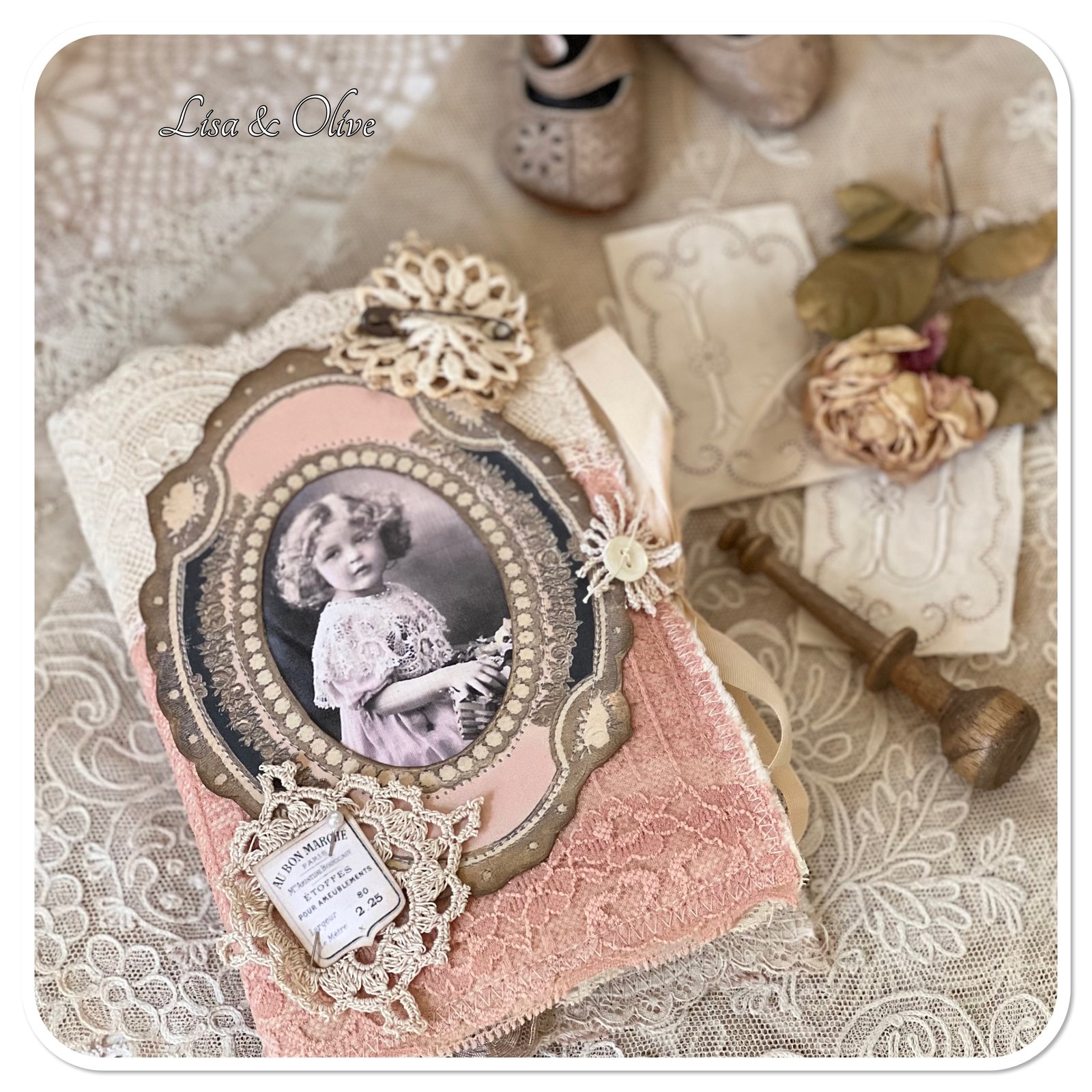 handmade fabric book full of vintage french lace samples | Lisaandolive