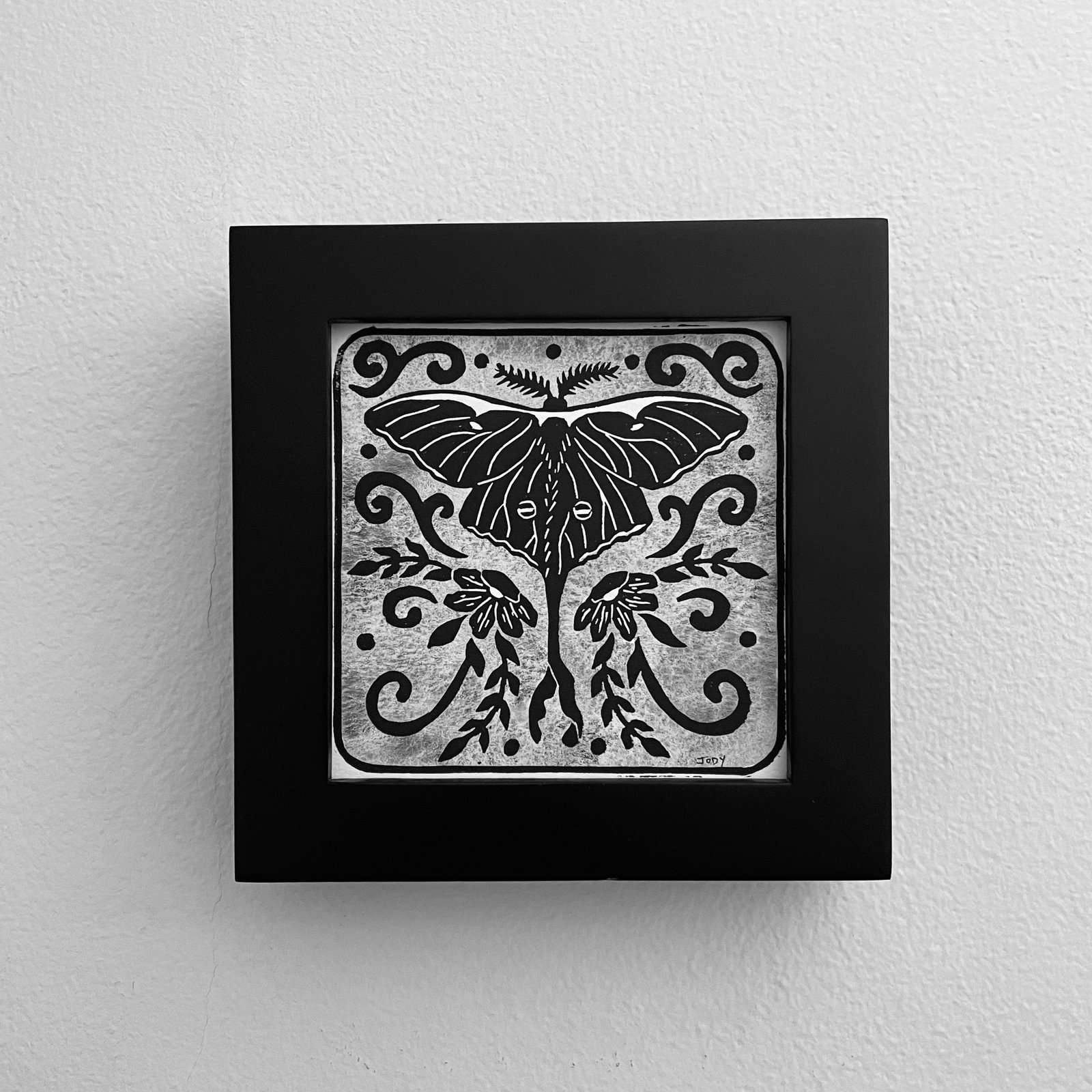 Luna Moth Linocut And Watercolor Print | Jody Monochrome Art