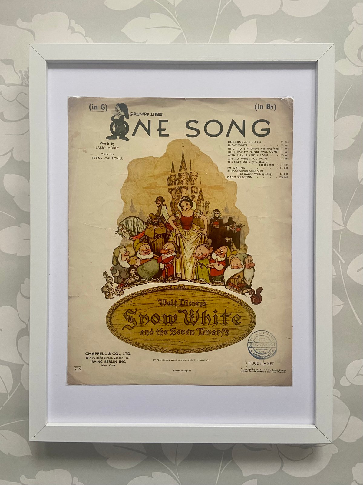 Snow White c1937, framed vintage sheet music of 'One Song' | Lorna Kyle